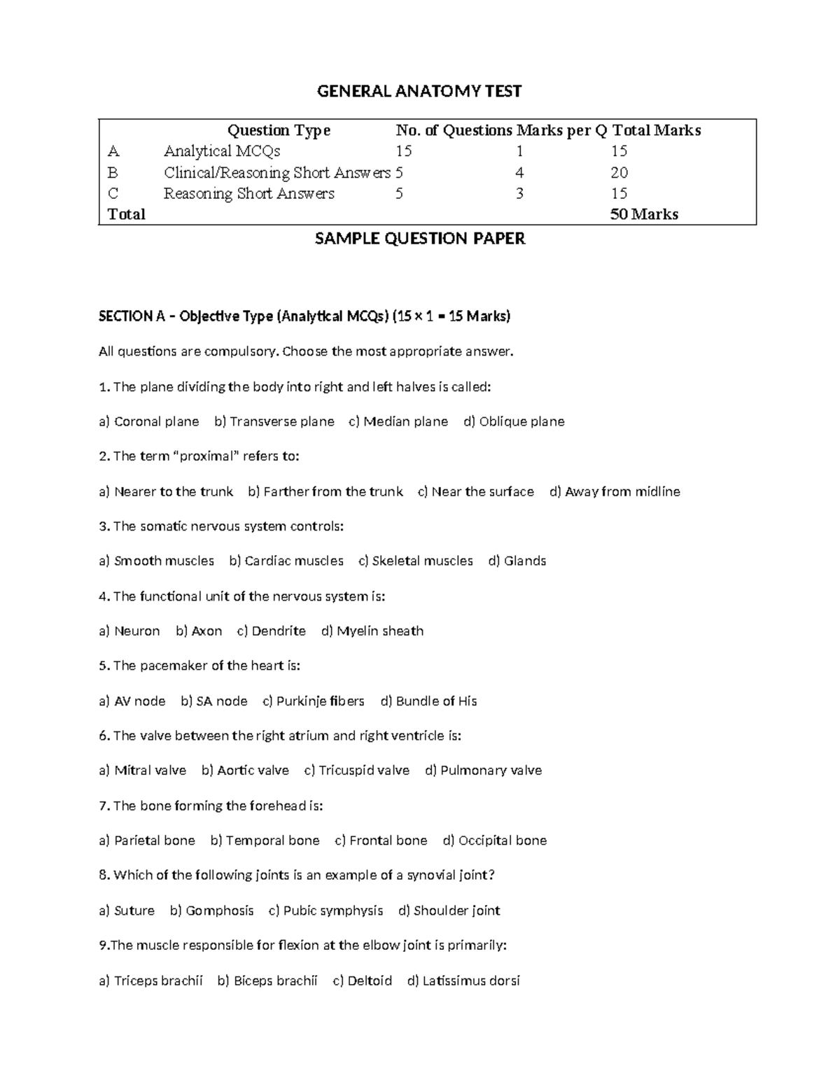 GENERAL ANATOMY (ANAT101) SAMPLE TEST PAPER: MCQs & Short Answers - Studocu