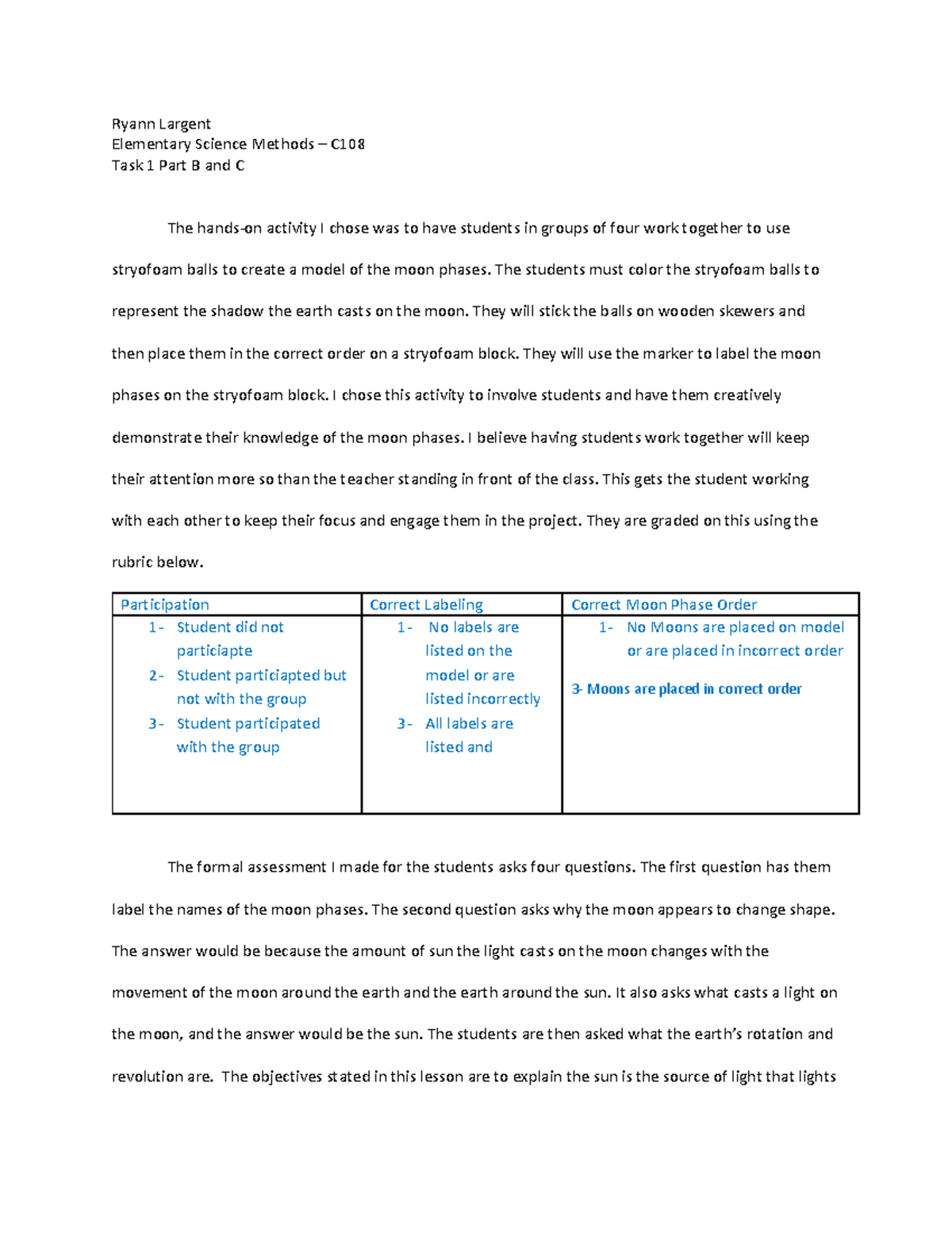 C108 - Task 1 - Ryann Largent Elementary Science Methods – C Task 1 ...