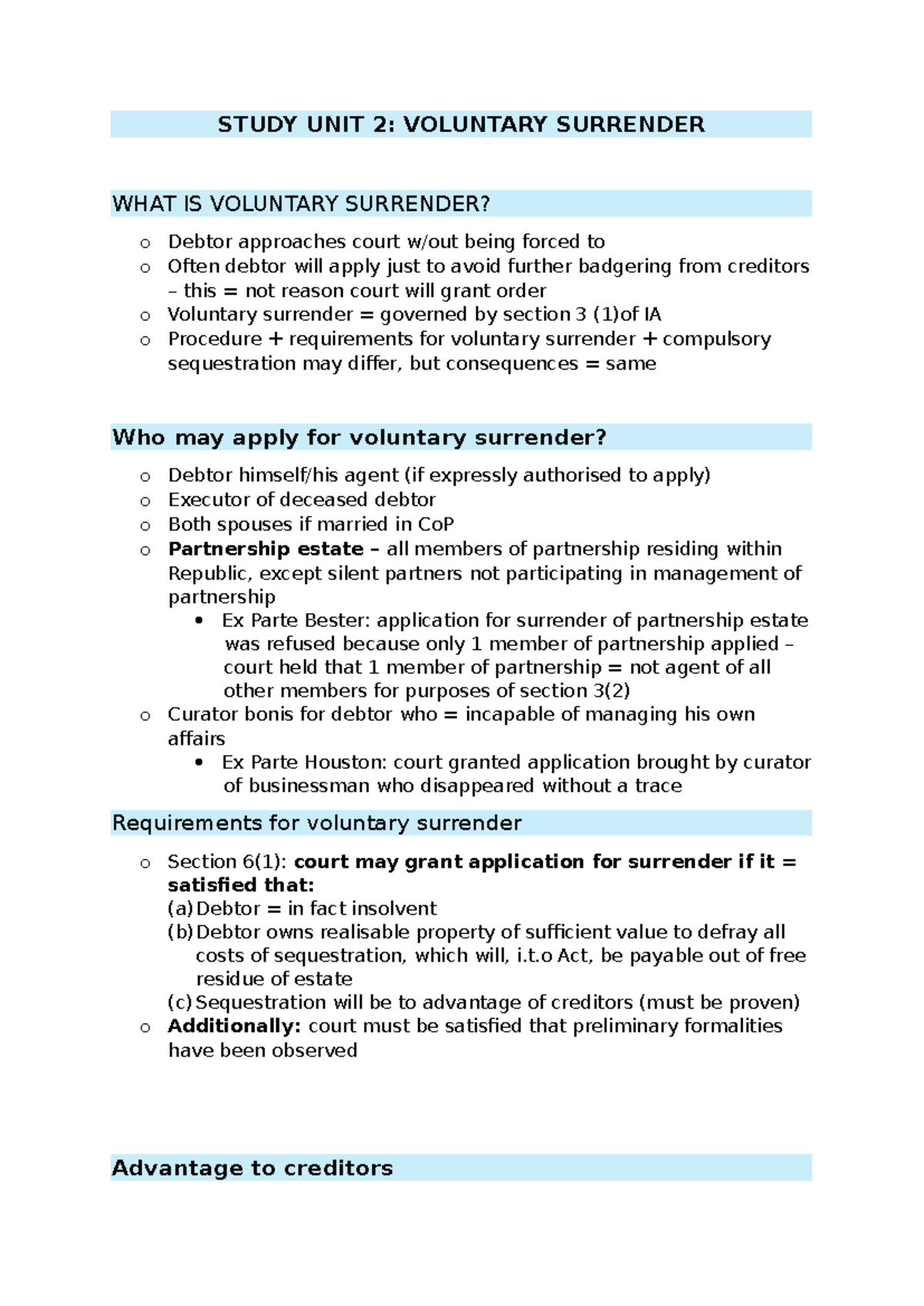 SU 2: Understanding Voluntary Surrender in Insolvency Law - Studocu