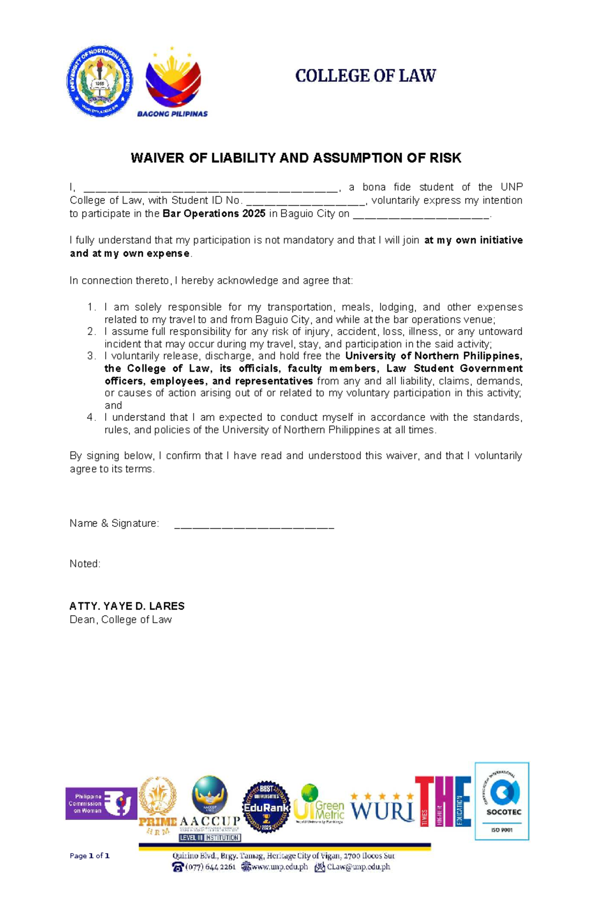 Waiver of Liability for Bar Operations 2025 - UNP College of Law - Studocu
