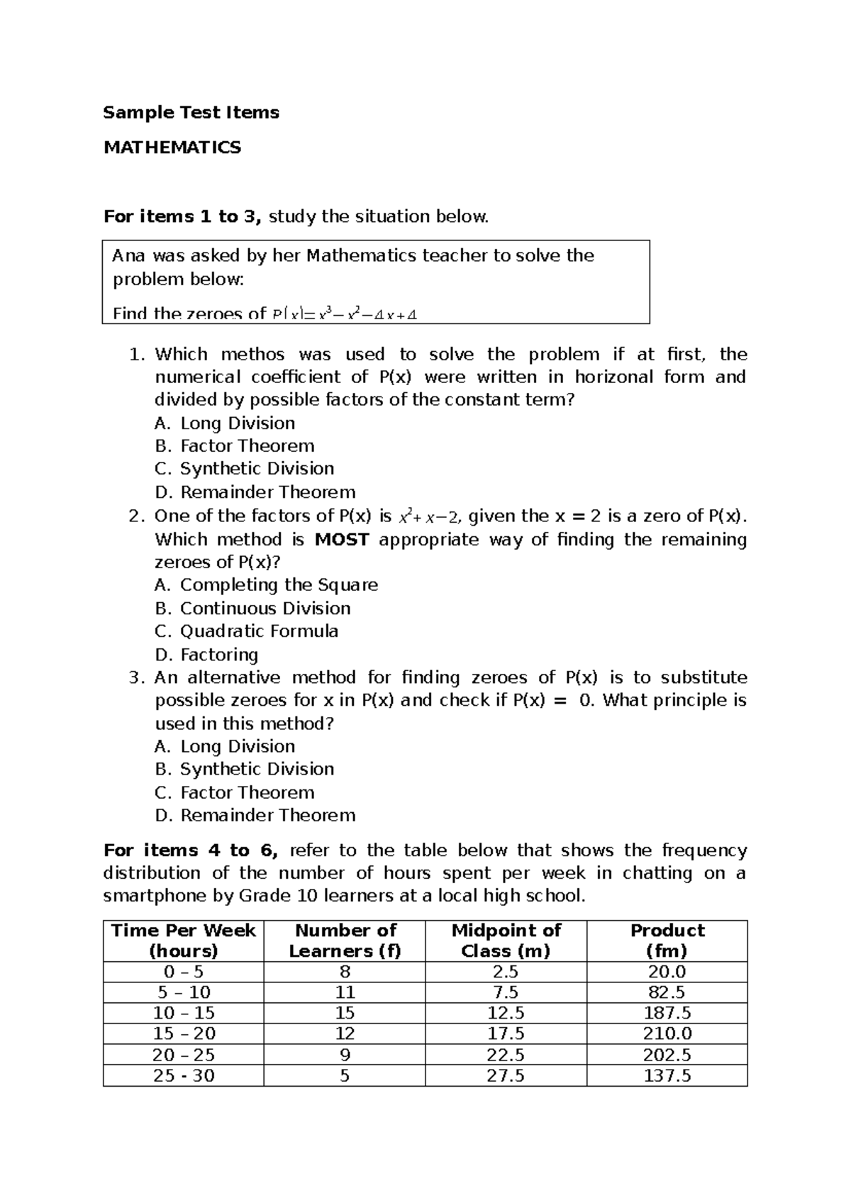 Sample Test Items - Practice Exercise - Sample Test Items MATHEMATICS ...