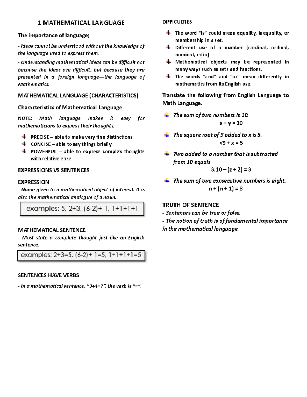 Mathematics (MATH101): Understanding Mathematical Language and Its Features - Studocu