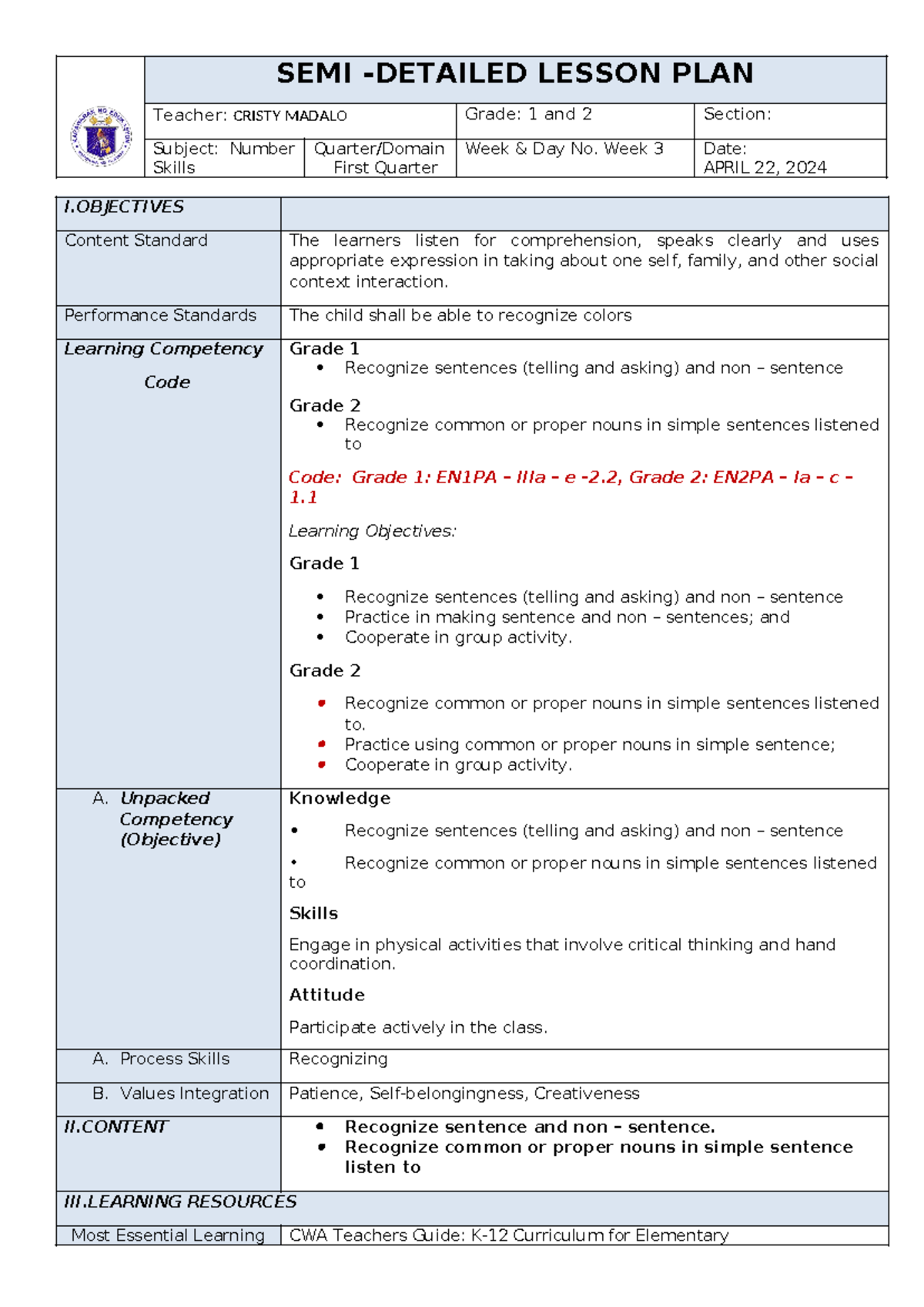 Multigrade Lesson Plan for Grade 1 & 2: Recognizing Sentences and Nouns ...