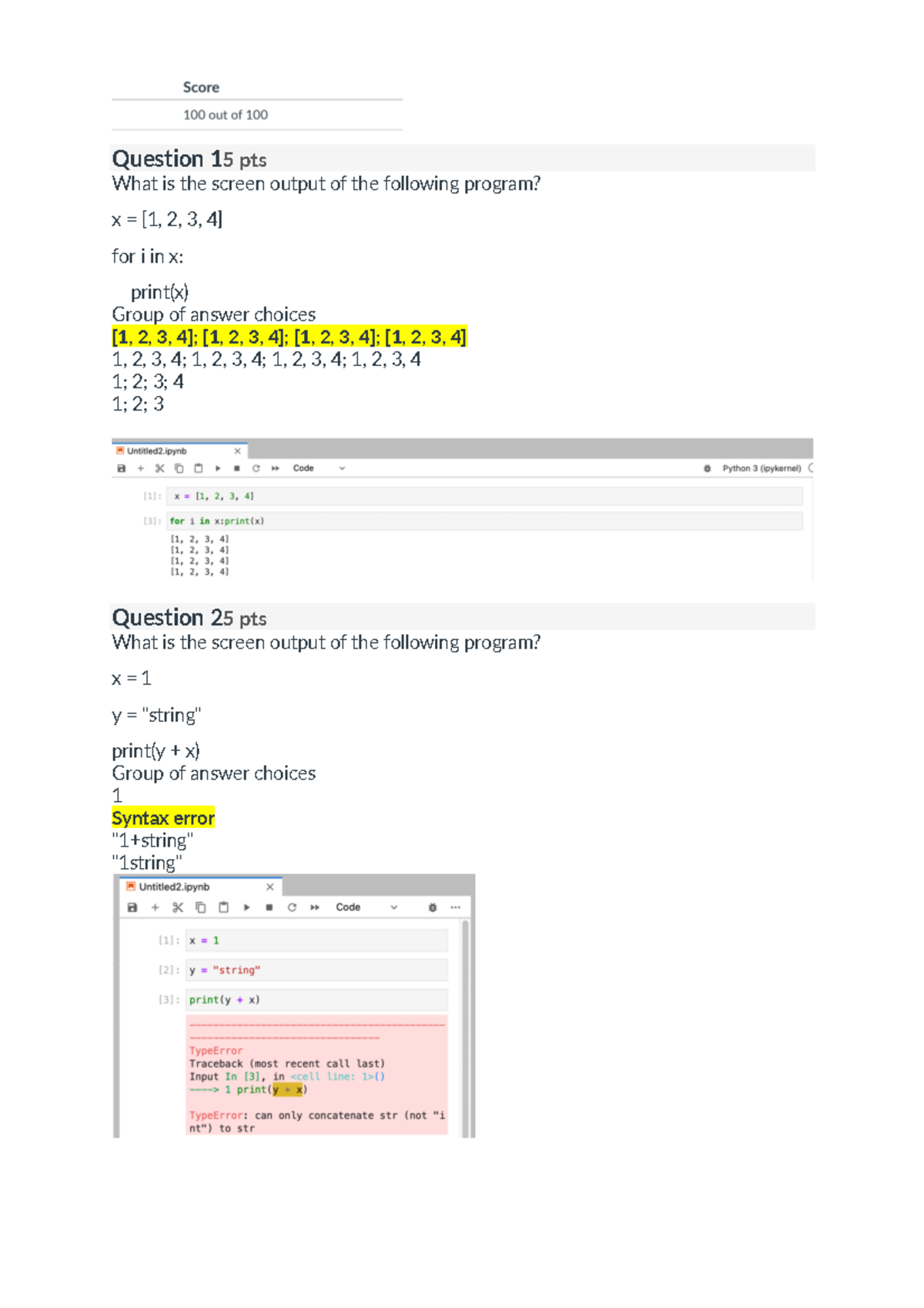 ANL252 JUL22 L01 PCOQ01 - What is the screen output of the following program? x = [1, 2, 3, 4 ...