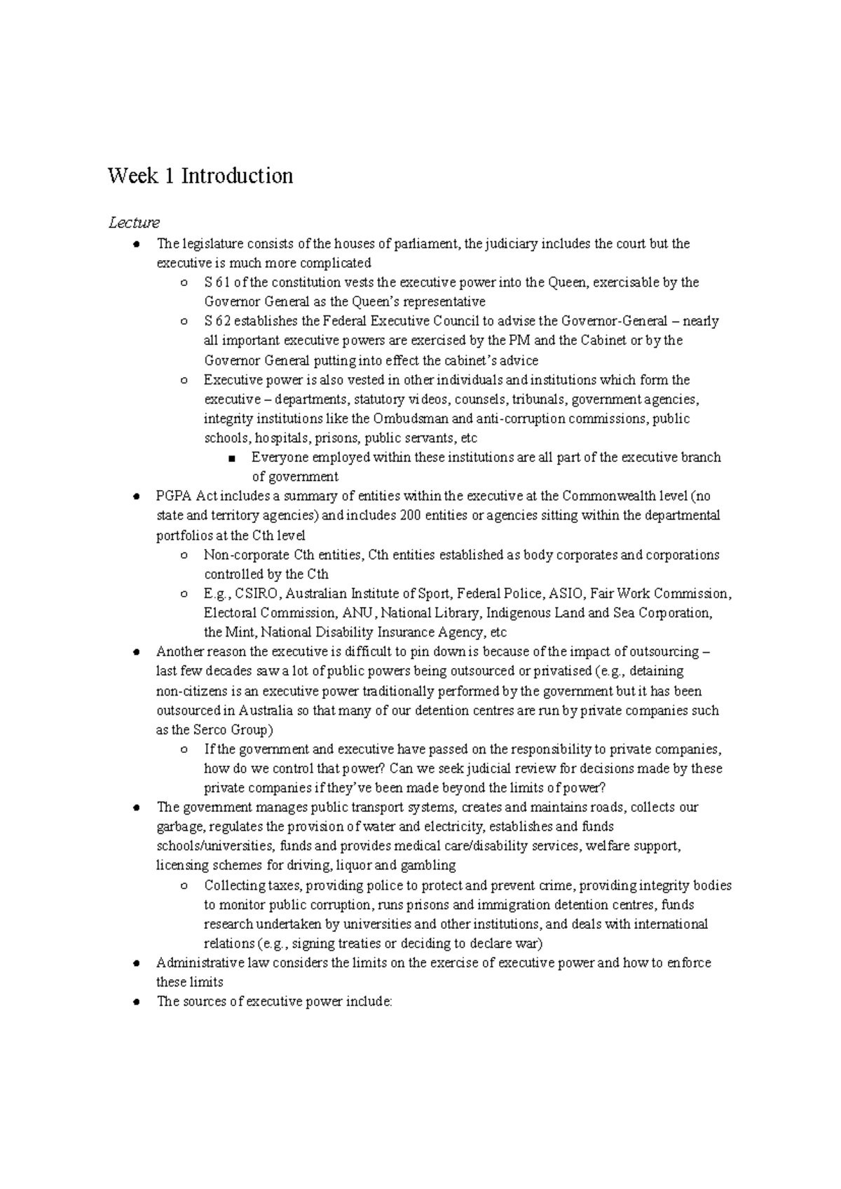 Administrative Law Week 1 - Week 1 Introduction Lecture The legislature ...