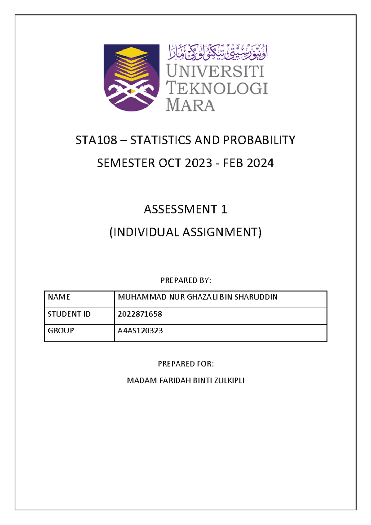 Assessment 1 - Statistics of Practical Students' Allowance (STA108) - Studocu