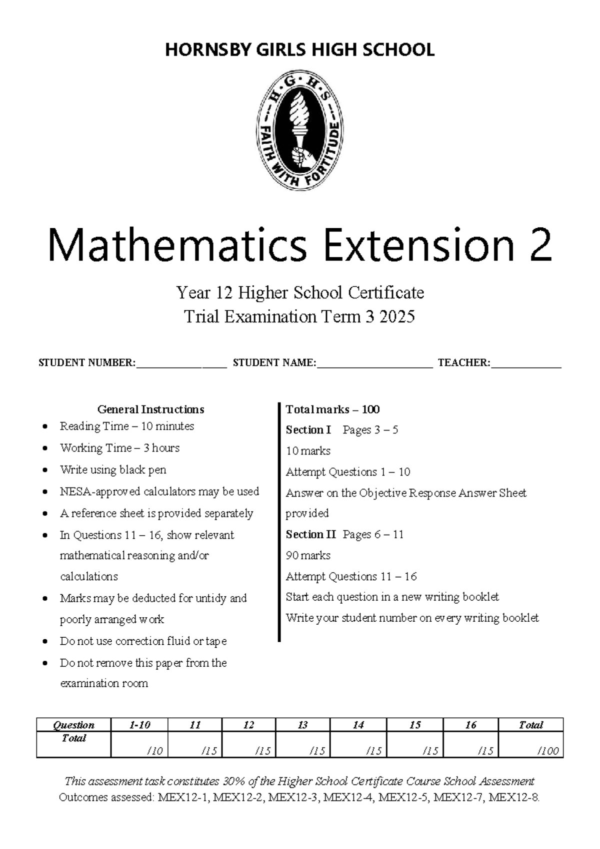2025 HSC Mathematics Extension 2 Trial Exam - Hornsby Girls High School ...