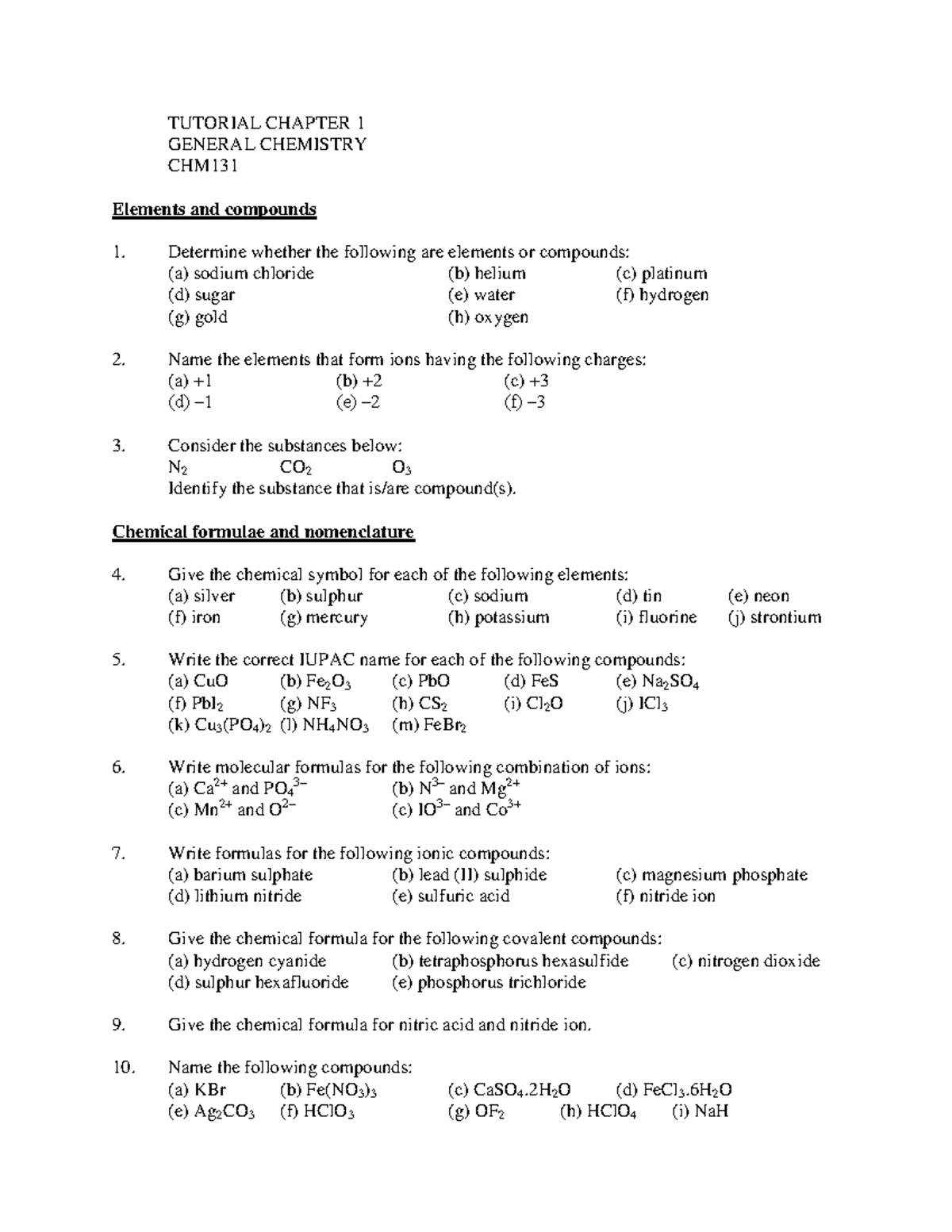 Tutorial CHM131: General Chemistry Chapter 1 - Elements & Compounds ...