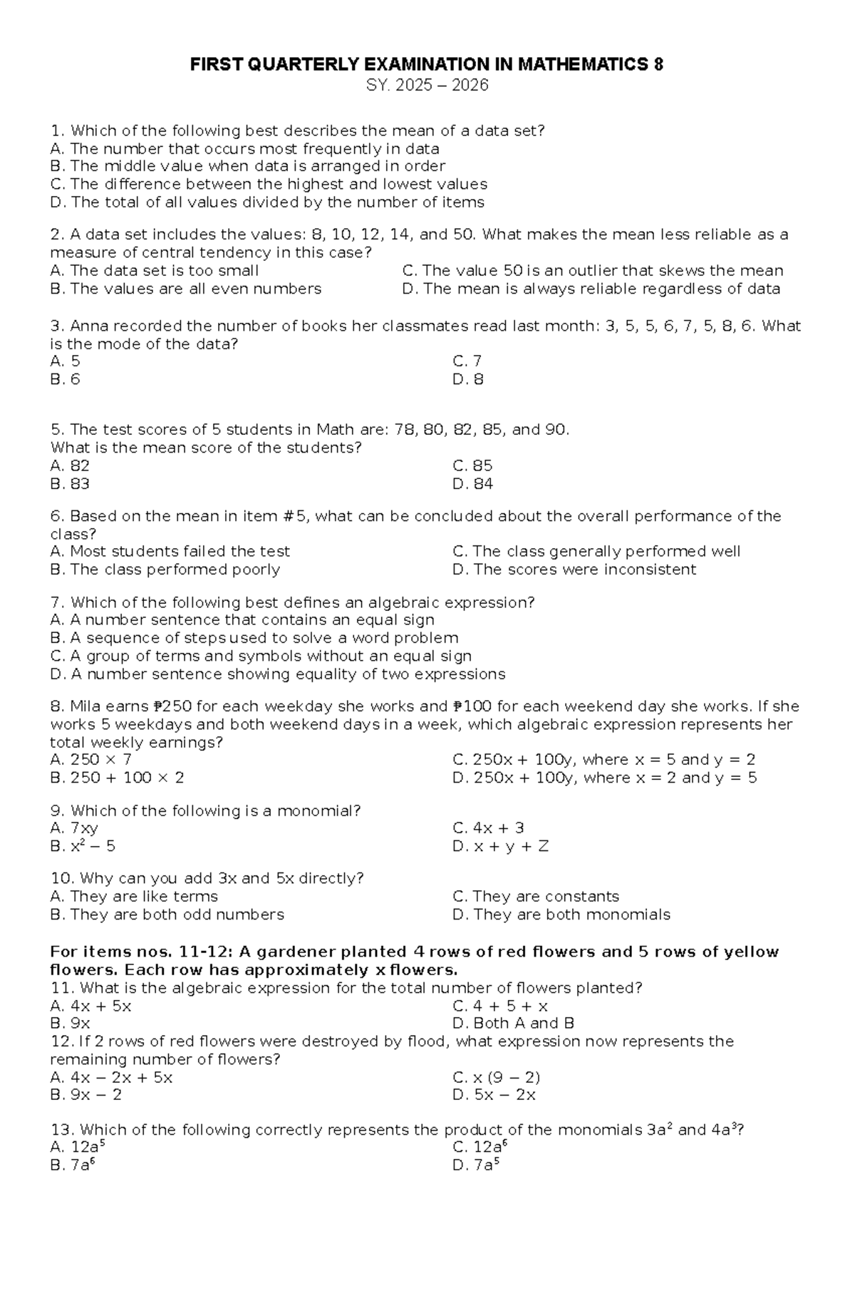 M8-Q1 Mathematics Exam Reviewer for SY 2025-2026 - Studocu