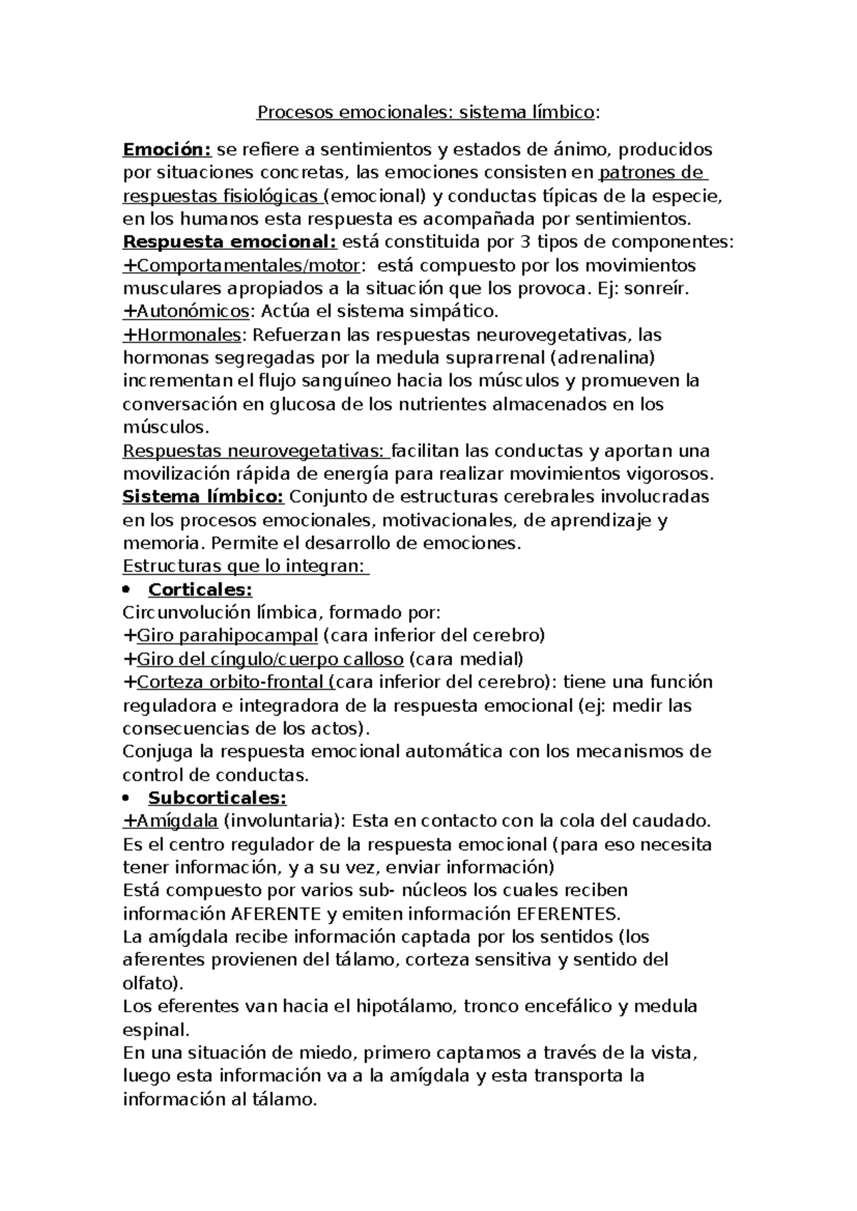Procesos Emocionales y el Sistema Límbico: Respuestas y Funciones - Studocu