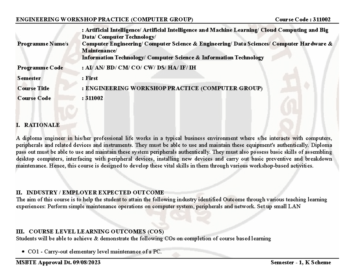 Engineering Workshop Practice (Computer Group) 311002 - Course Overview - Studocu