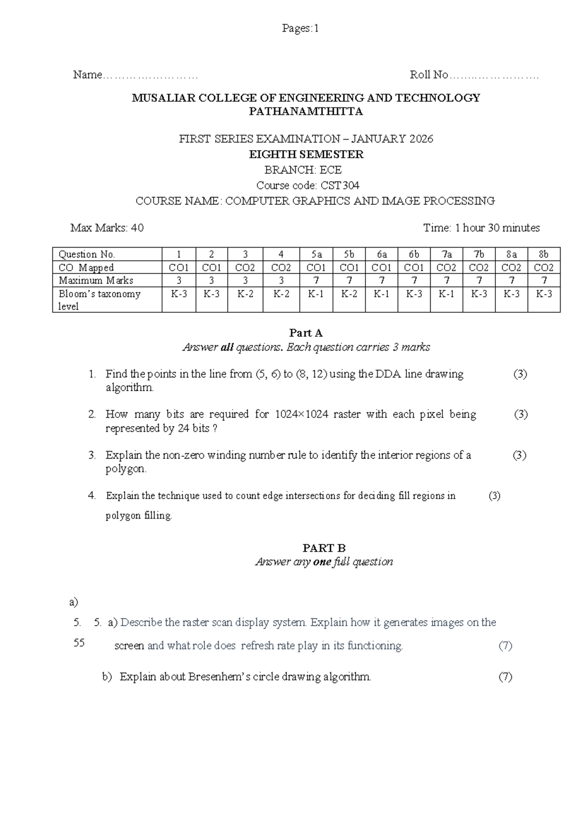 CST304 ECE 8th Sem Final Exam QP: Computer Graphics & Image Processing ...