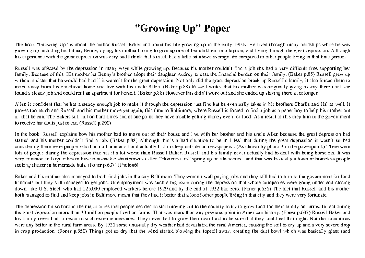 Growing Up Paper - "Growing Up" Paper The book “Growing Up” is about ...