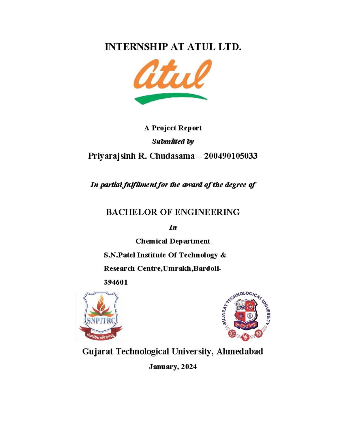 Internship Report: Analysis of 4,4-DCDPS at Atul Ltd. - BE in Chem Engg - Studocu