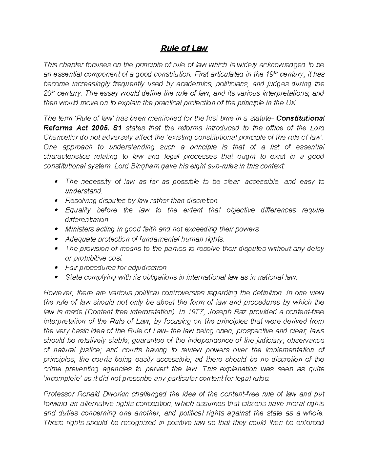 Chapter 3 Rule of Law - notes - Rule of Law This chapter focuses on the ...