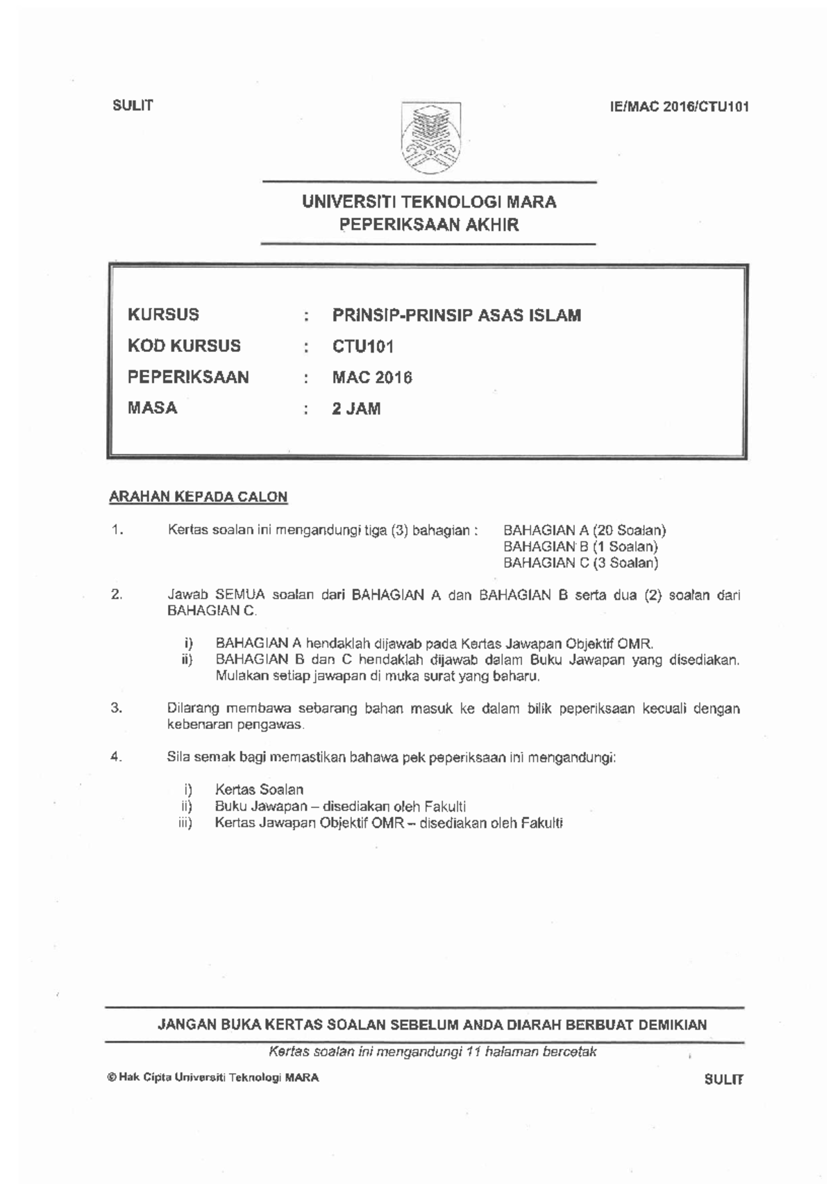 Peperiksaan Akhir CTU101: Asas Islam - Mac 2016 - Studocu