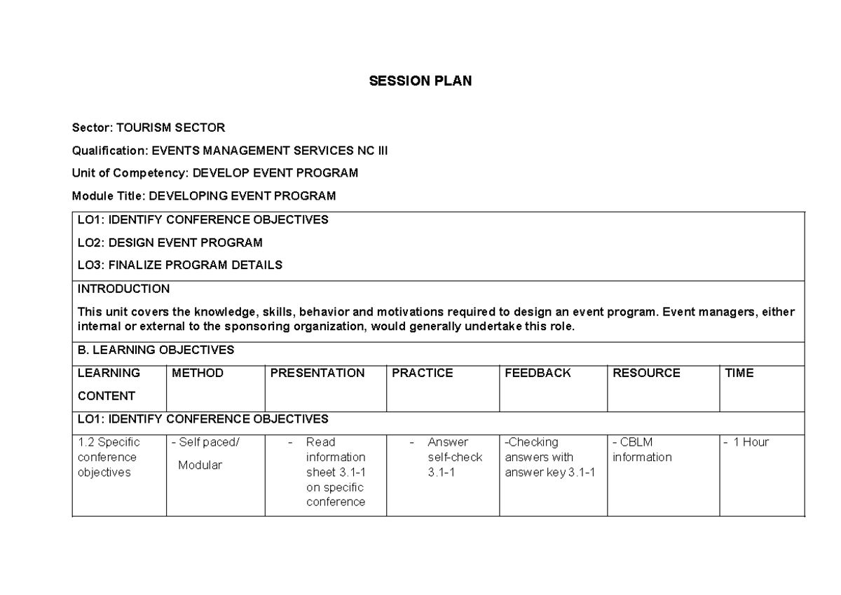 Session Plan for Event Management Services NC III: Developing Program ...