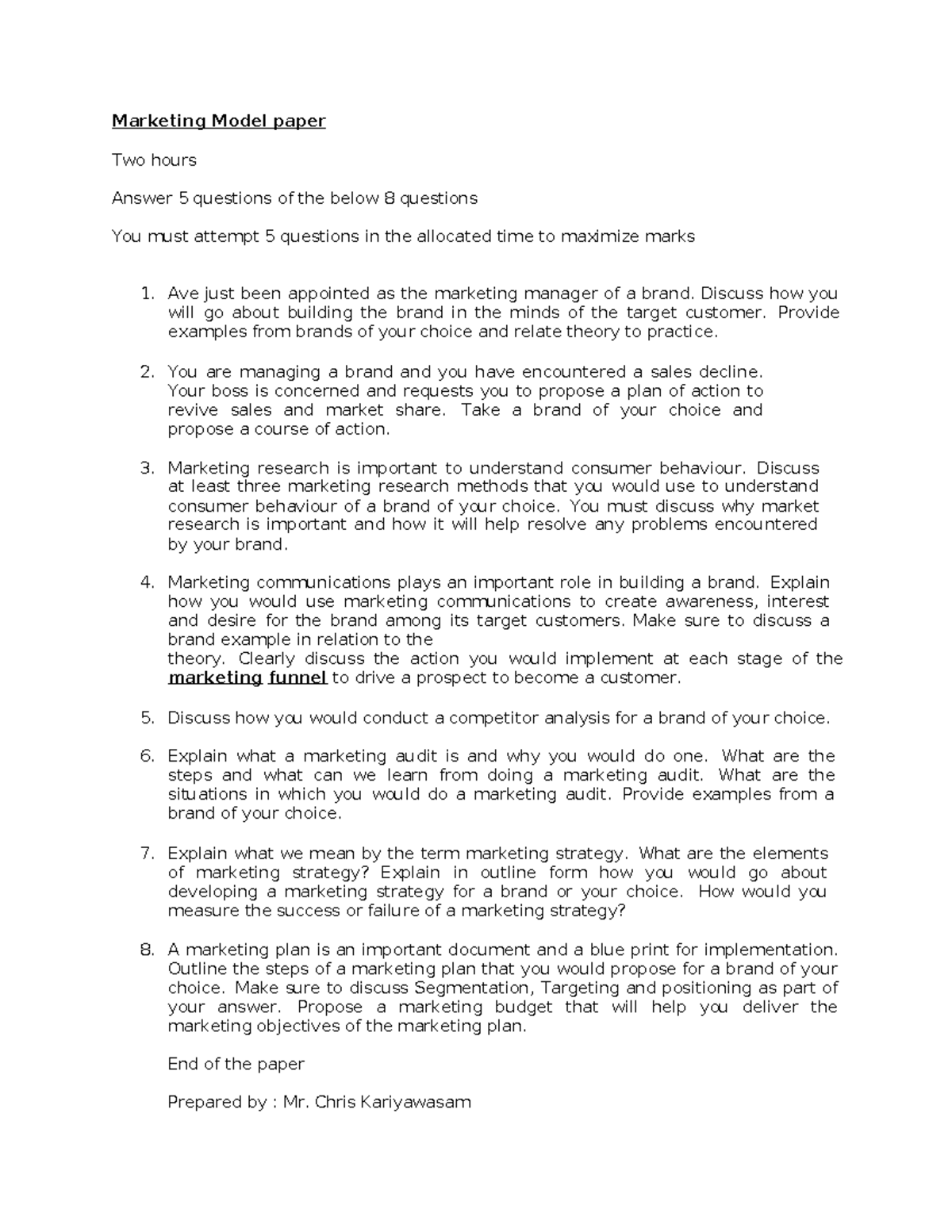 Marketing Model Paper: Suggested Exam Questions (2-Hour Duration) - Studocu