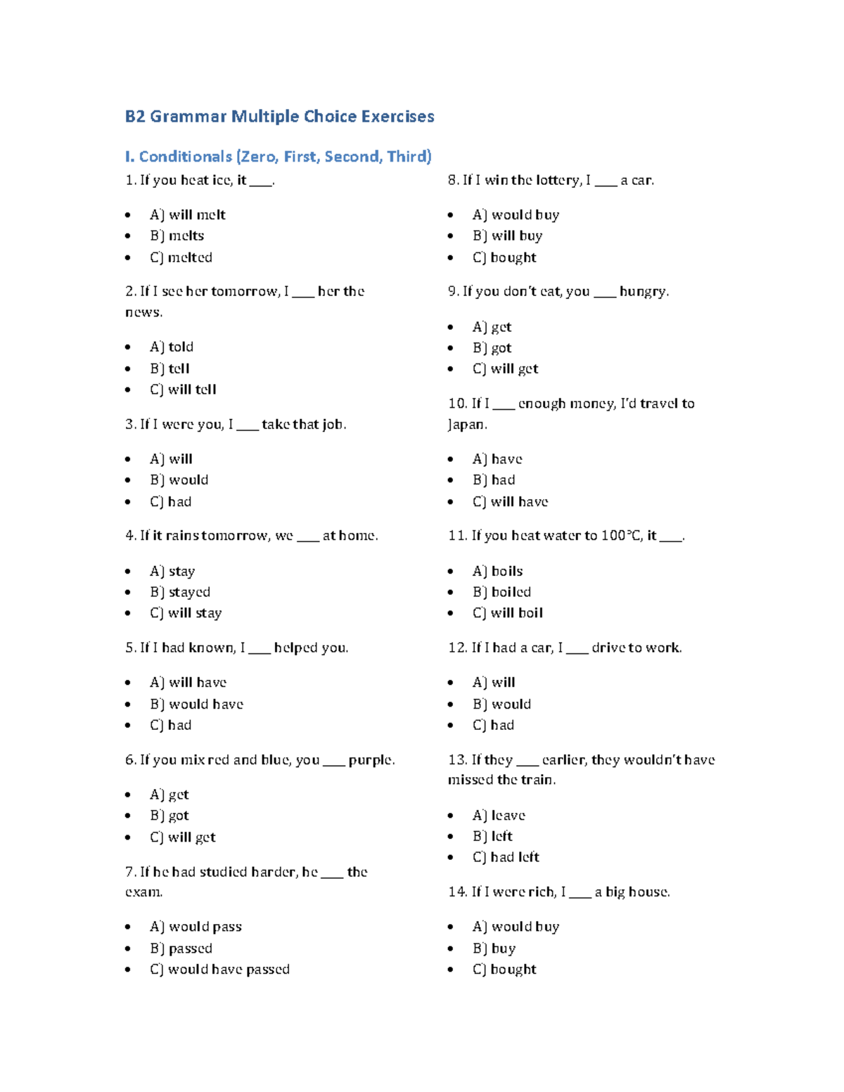 B2 Grammar MC Exercises: Conditionals & Reported Speech - Studocu