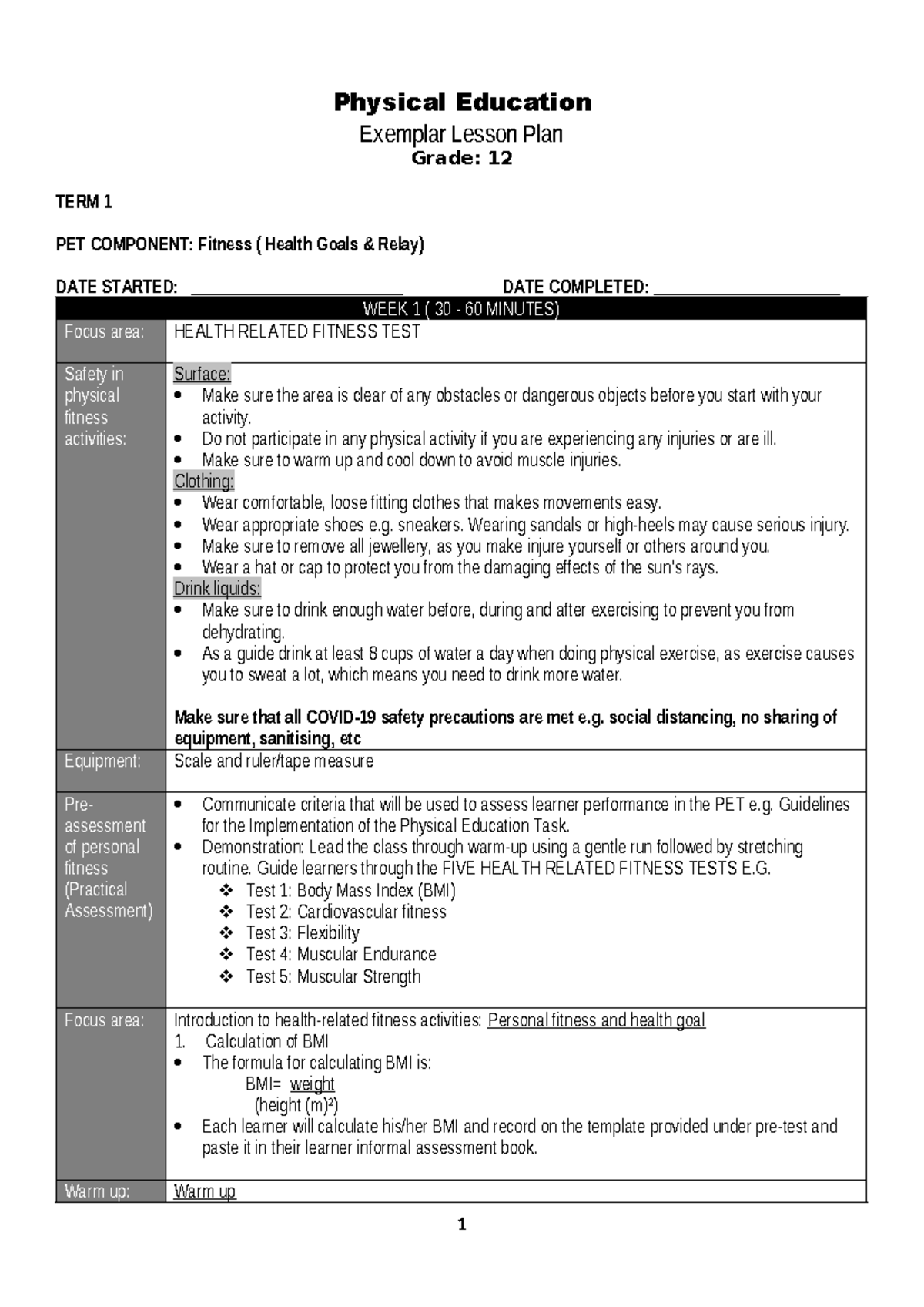 Gr12 PET 10-Week Fitness Lesson Plans and Relay Activities - Studocu
