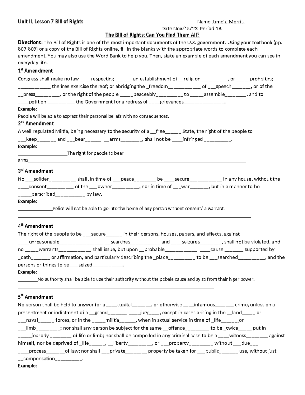 Unit II Lesson 7: Bill of Rights Fill-in-the-Blank Activity - Studocu