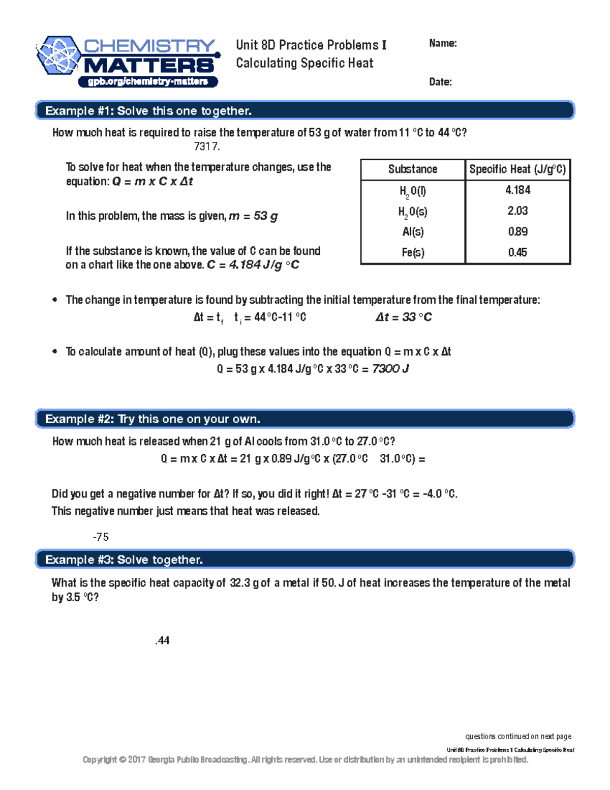 Unit 8D Practice Problems: Calculating Specific Heat Concepts and ...