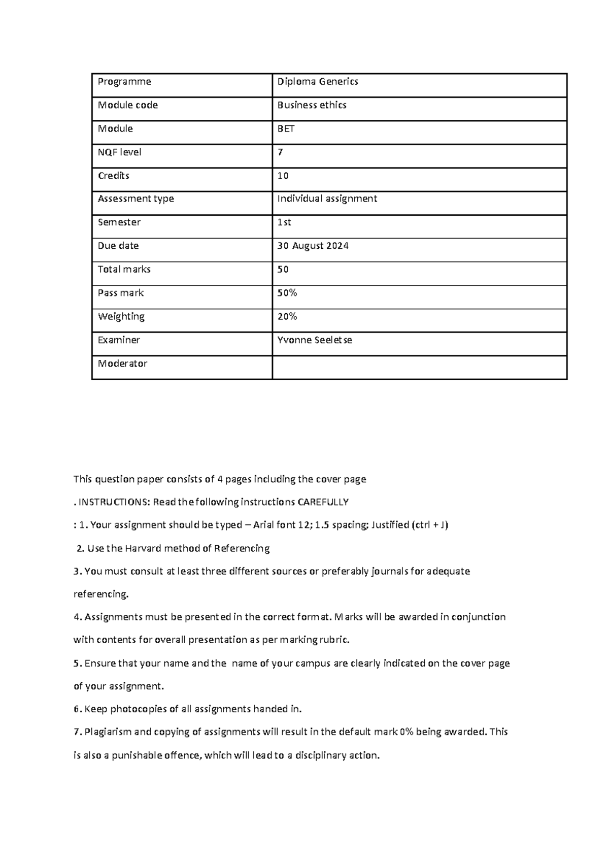 Business ethics assignment 1 due 30August 2024 - Programme Diploma ...