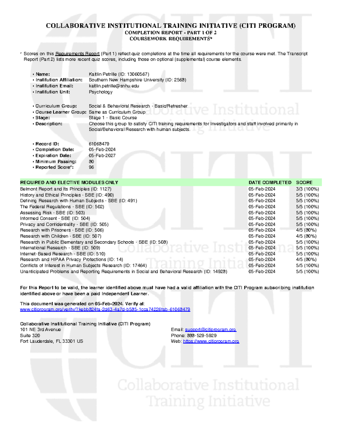 CITI Program Completion Report: Human Subjects Research Training - Studocu
