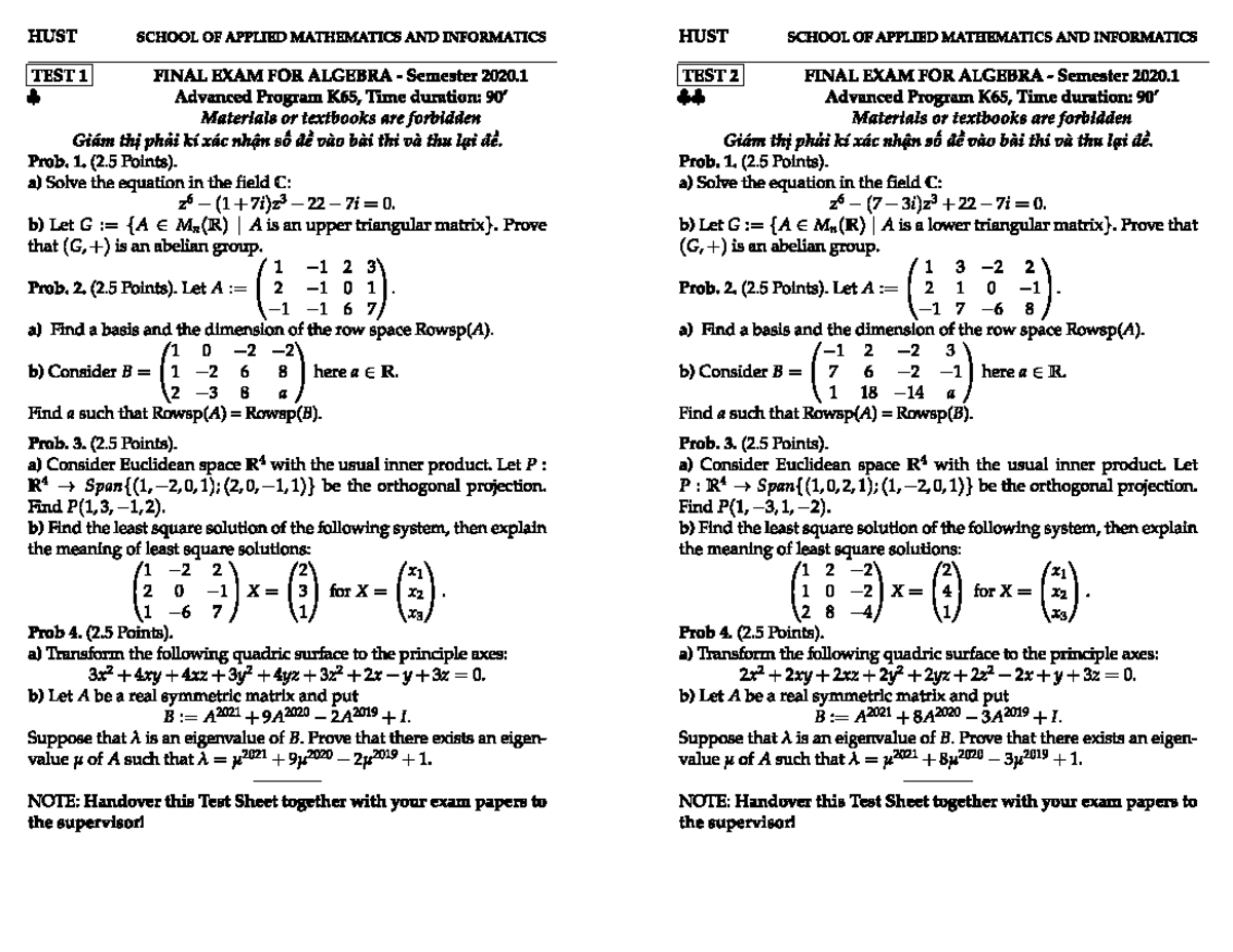 HUST K65 Algebra Final Exam Review - Semester 2020.1 - Studocu
