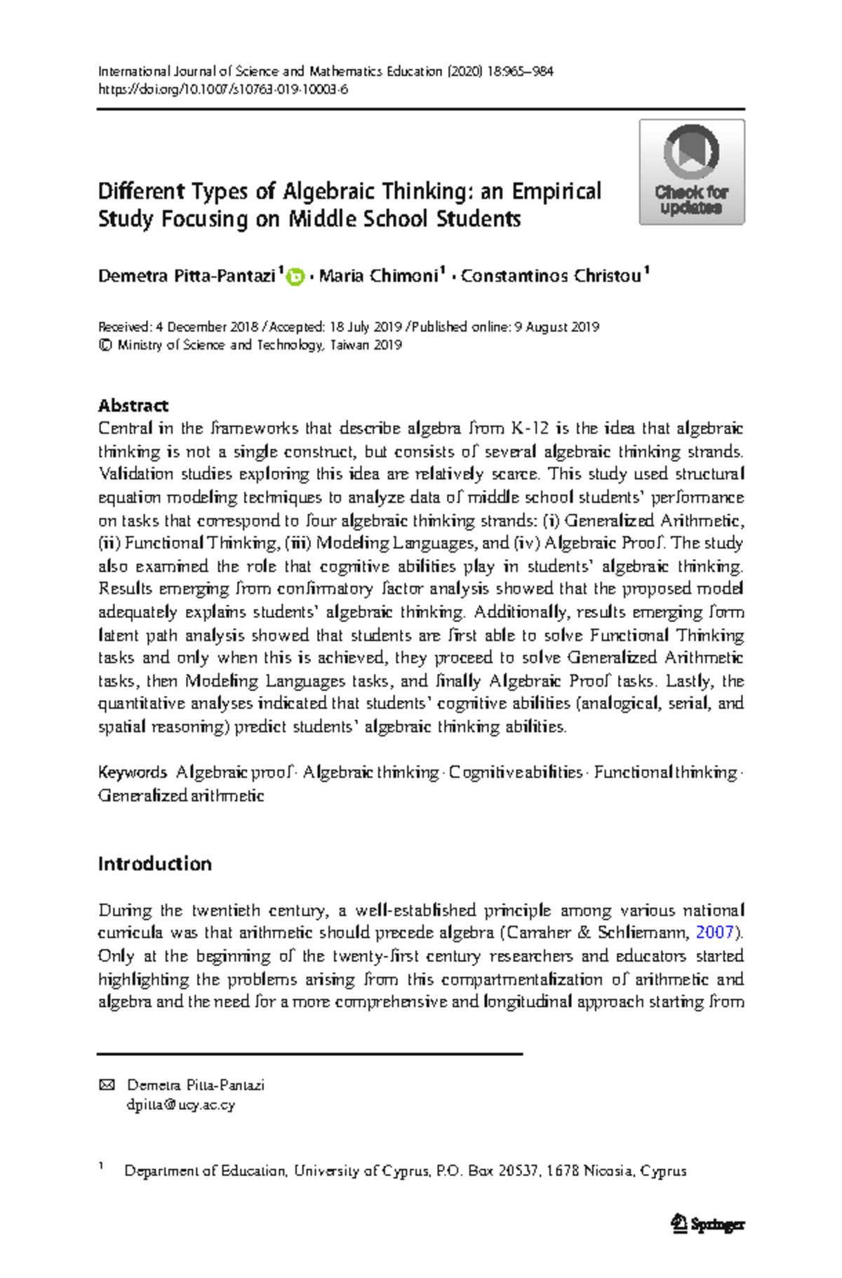 Different Types of Algebraic Thinking: An Empirical Study on Middle ...