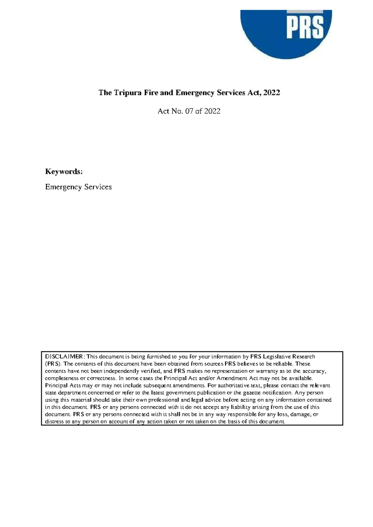 Tripura Fire and Emergency Services Act No. 07 of 2022 Overview - Studocu