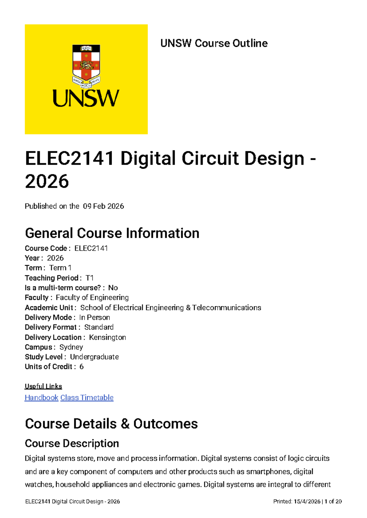 ELEC2141 Digital Circuit Design Course Outline - Term 1, 2026 - Studocu
