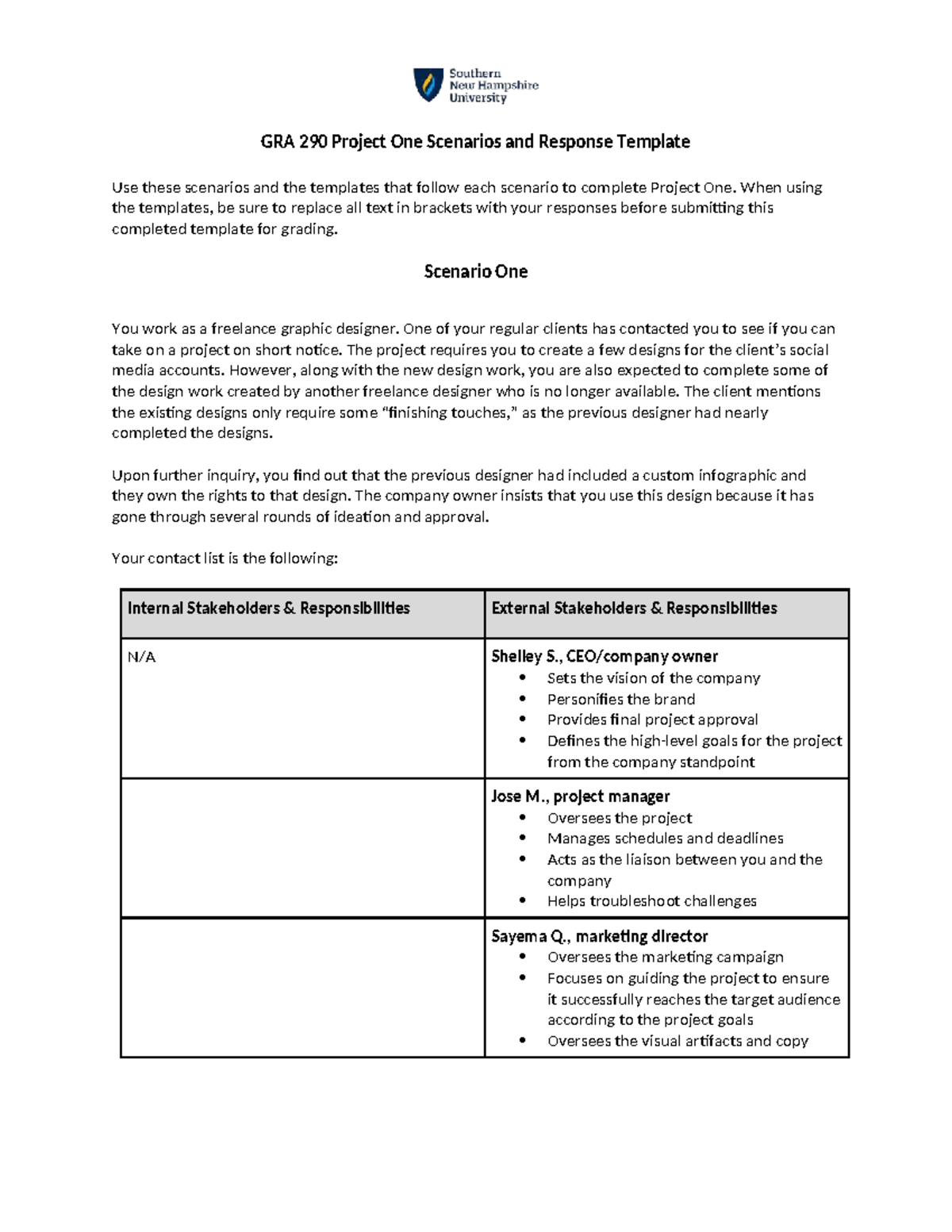 GRA 290 Project One: Scenarios & Response Templates Guide - Studocu