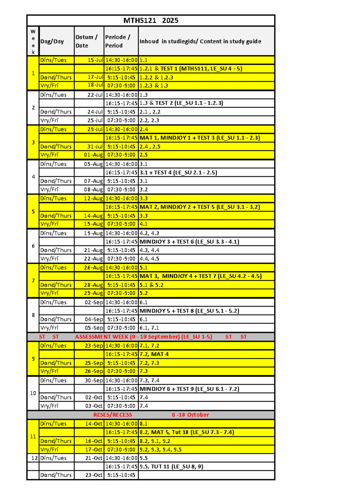 MTHS121 2025 Workplan: Test Schedule and Content Overview - Studocu
