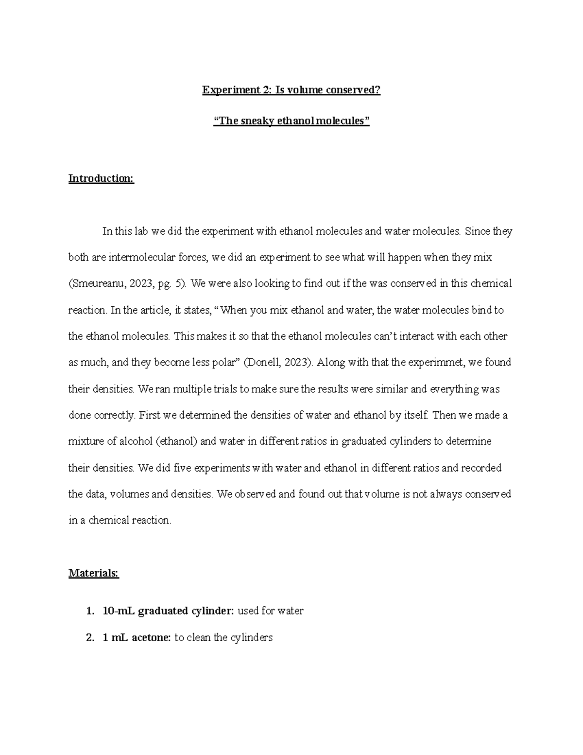 CHEM 106 LAB- Experiment 2 - Experiment 2: Is volume conserved? “The ...