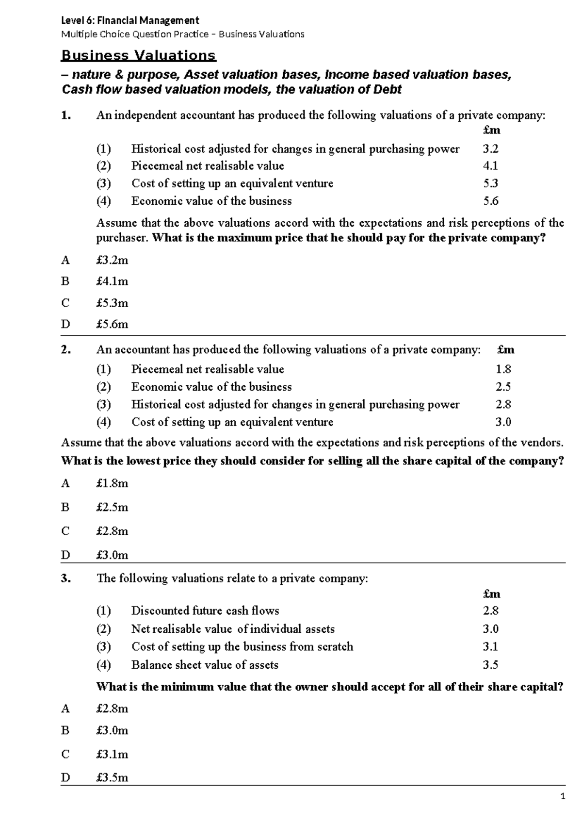 Multiple Choice Questions - Business Valuations (BVA101) - Studocu