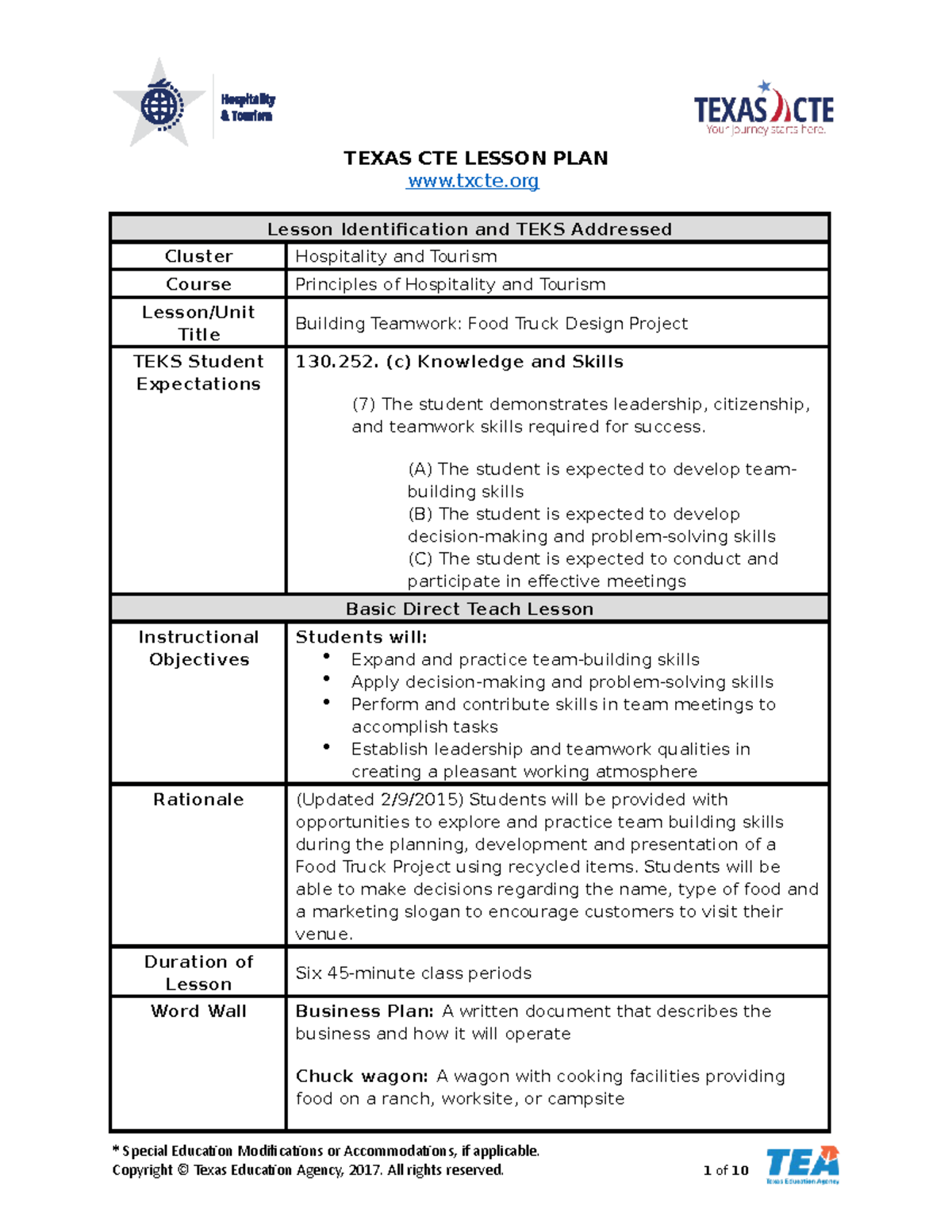 Principles of Hospitality & Tourism: Food Truck Teamwork Lesson Plan ...