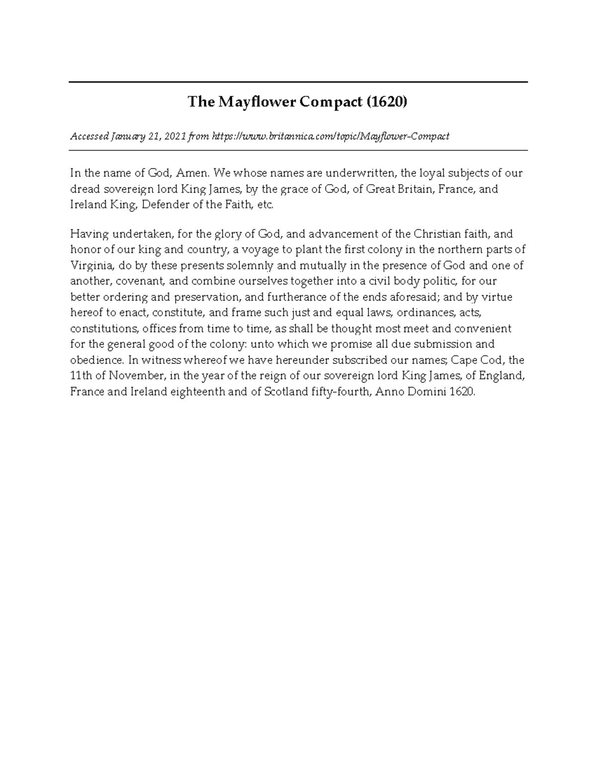 The Mayflower Compact (1620) - Historical Significance and Context ...