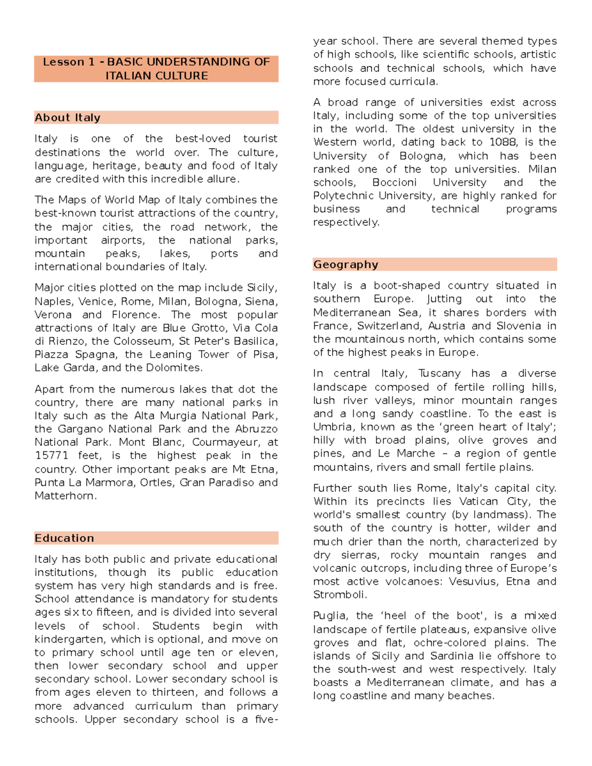 Module 1 - Exploring Italian Culture, Geography, and Travel Tips - Studocu