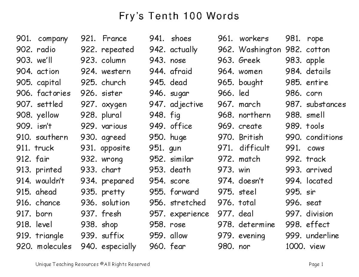 Tenth 100 Words List for Frytenth Course - Vocabulary Practice - Studocu
