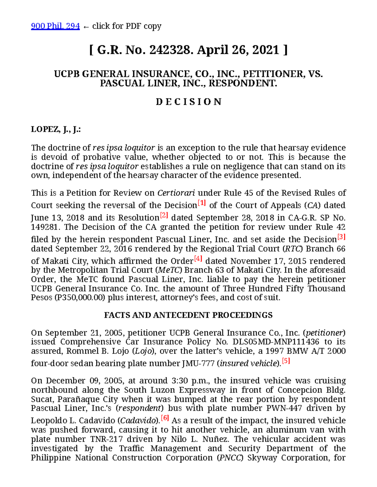 900 Phil. 294: UCPB Gen. Ins. Co. vs. Pascual Liner, Inc. Decision ...