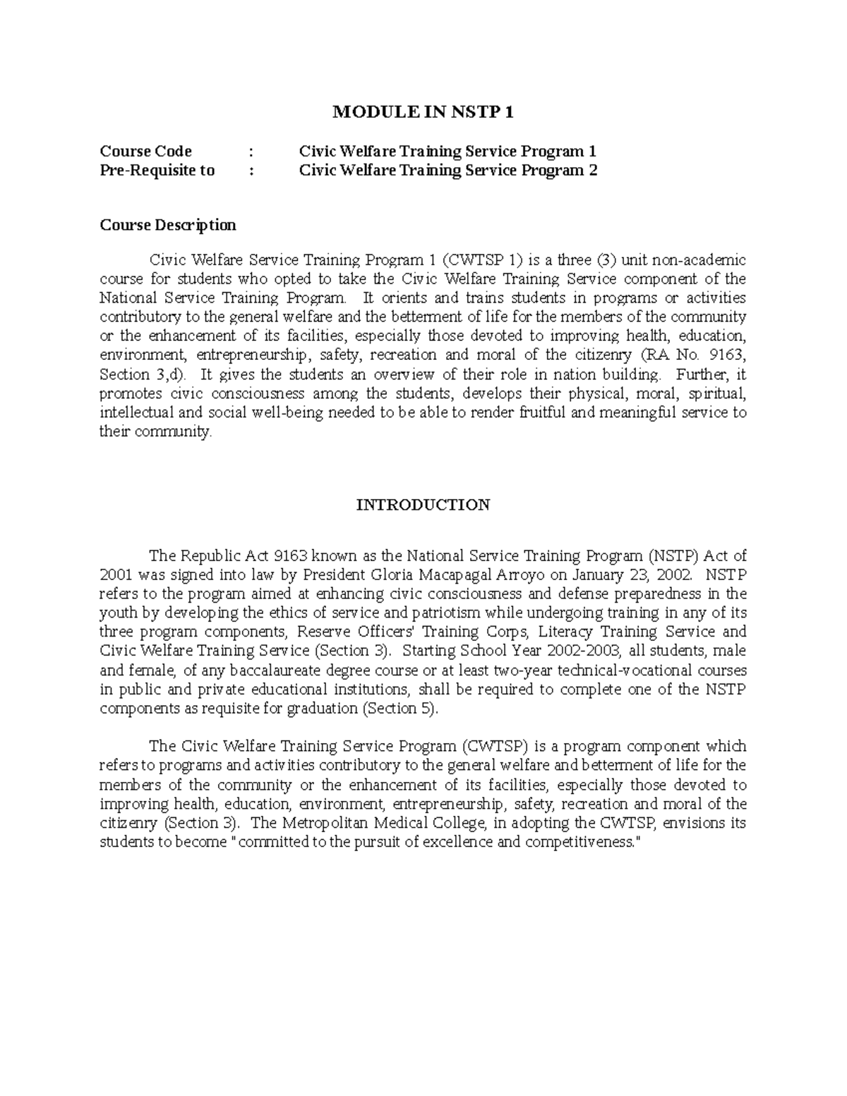 CWTSP 1 Module 1: Introduction to Civic Welfare Training Service - Studocu