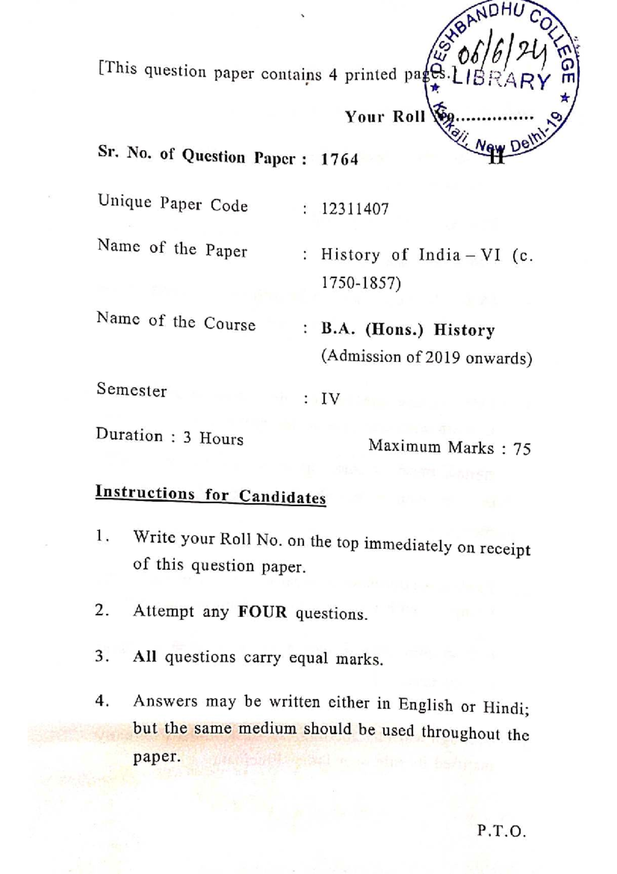 B.A. (Hons.) History Semester IV Question Paper: Modern Japan & History ...