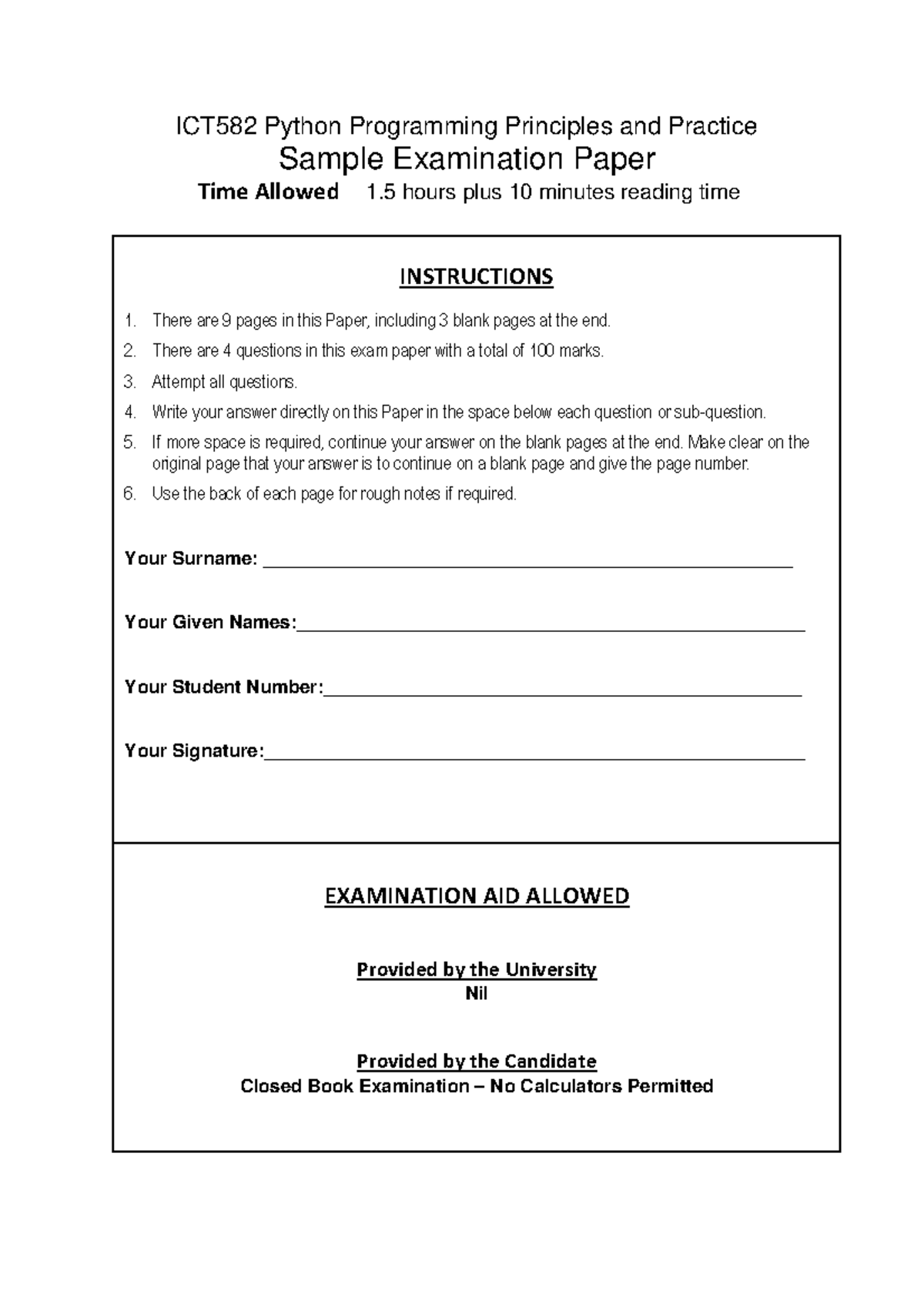 ICT582 Sample Exam Paper: Python Programming Principles - Studocu