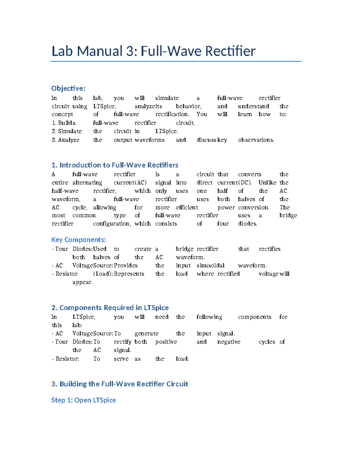 Lab Manual 3: Full-Wave Rectifier Circuit Simulation in LTSpice - Studocu