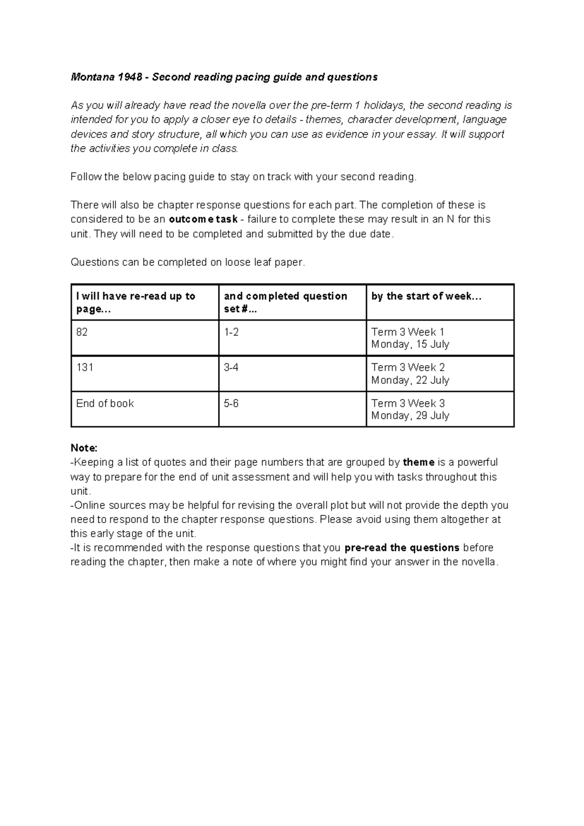 Montana 1948 - Second Reading Pacing Guide & Questions - Studocu
