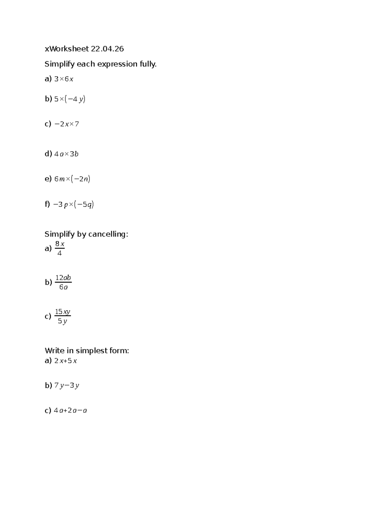 Algebra Worksheet 22: Expanding & Simplifying Expressions - Studocu