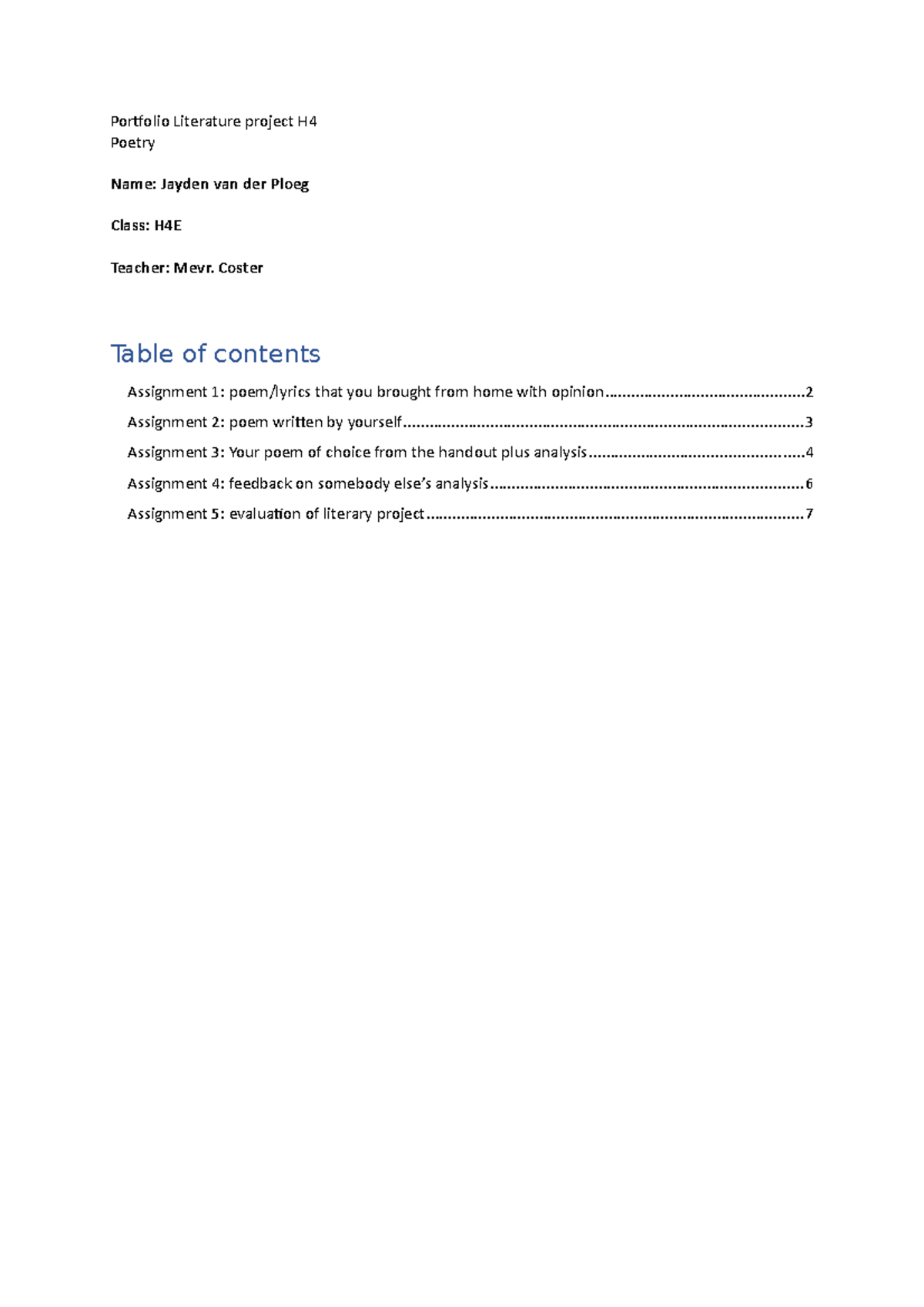 Poetry Portfolio H4E: Assignments & Analysis by Jayden van der Ploeg ...