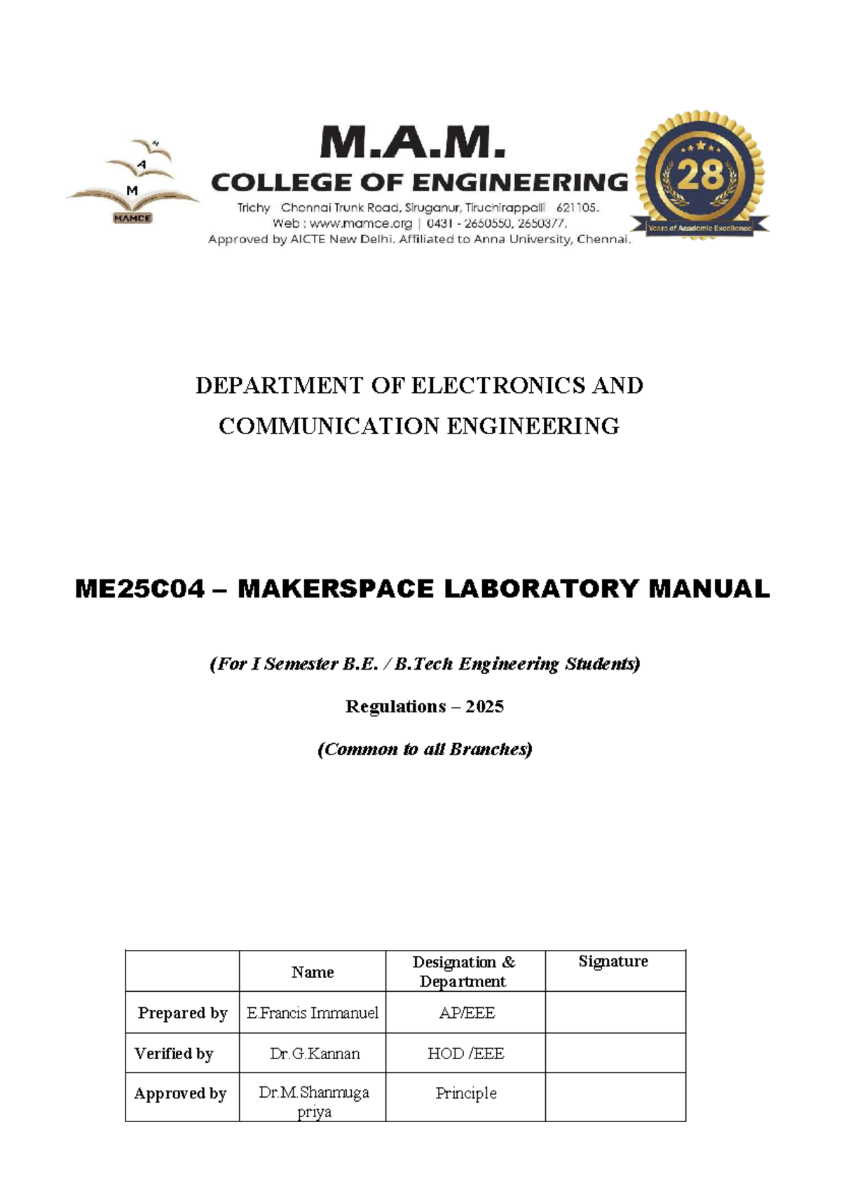 ME25C04 MAKERSPACE LAB MANUAL: I Sem B.E. & B.Tech (Reg. 2025) - Studocu
