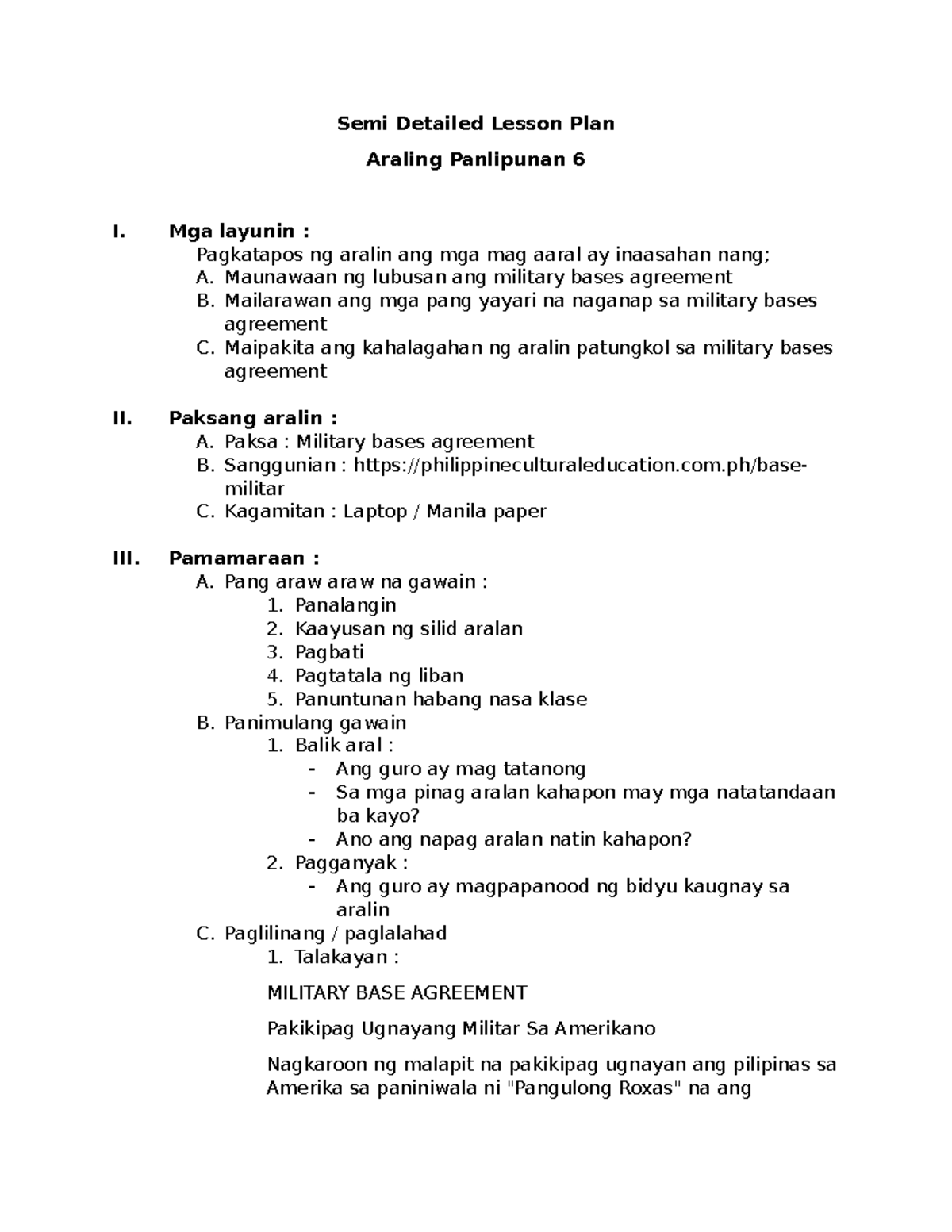AP6 SEMI DLP - lesson plan - Semi Detailed Lesson Plan Araling Panlipunan 6 I. Mga layunin ...